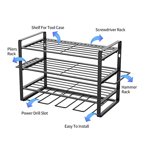 Arcwares Power Tool Organizer Wall Mount 4 Layer, 4 Drill Holder, Heavy Duty Garage Tool Organizer and Storage, Power Tool Storage Rack with Screwdriver Holder Plier Holder Hammer Holder