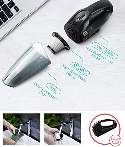 Car Vacuum Cleaner, DC 12V Portable Handheld Car Vacuum for Wet and Dry Cleaning， Strong Suction & 3 Attachments Fit Car Interior Cleaning, Black