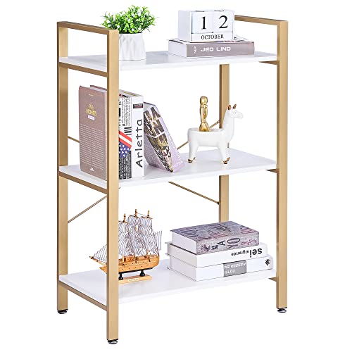 BEWISHOME 3 Tier Bookshelf Open Organizer, White Small Bookshelf for Small Spaces, Modern Wooden Storage Bookcase with Gold Metal Frame for Bedroom Living Room and Home Office JCJ42M