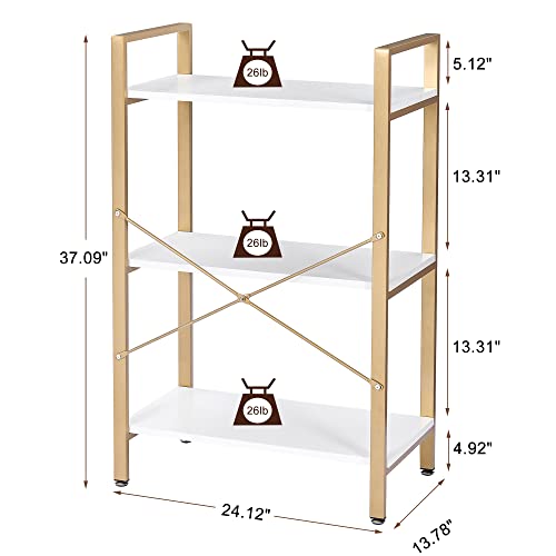 BEWISHOME 3 Tier Bookshelf Open Organizer, White Small Bookshelf for Small Spaces, Modern Wooden Storage Bookcase with Gold Metal Frame for Bedroom Living Room and Home Office JCJ42M