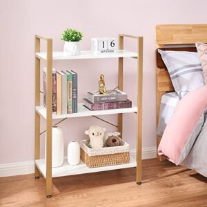 BEWISHOME 3 Tier Bookshelf Open Organizer, White Small Bookshelf for Small Spaces, Modern Wooden Storage Bookcase with Gold Metal Frame for Bedroom Living Room and Home Office JCJ42M