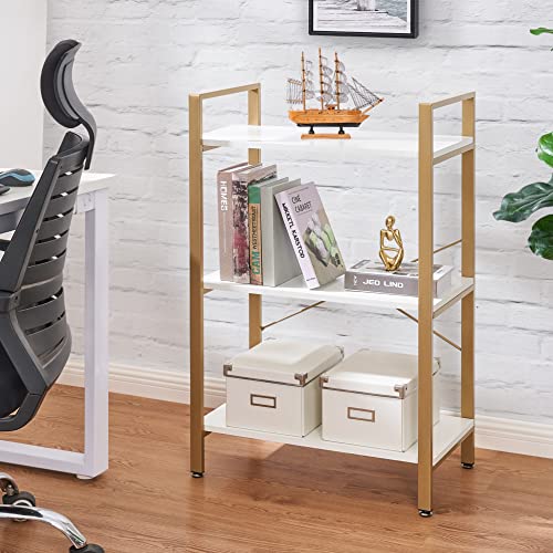 BEWISHOME 3 Tier Bookshelf Open Organizer, White Small Bookshelf for Small Spaces, Modern Wooden Storage Bookcase with Gold Metal Frame for Bedroom Living Room and Home Office JCJ42M