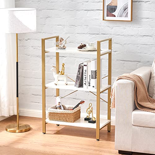 BEWISHOME 3 Tier Bookshelf Open Organizer, White Small Bookshelf for Small Spaces, Modern Wooden Storage Bookcase with Gold Metal Frame for Bedroom Living Room and Home Office JCJ42M