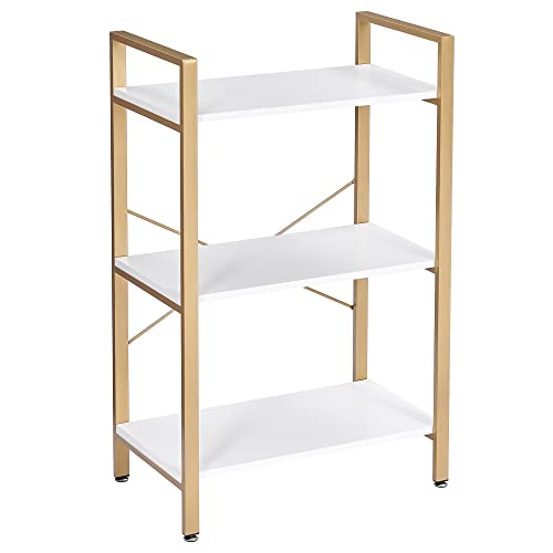 BEWISHOME 3 Tier Bookshelf Open Organizer, White Small Bookshelf for Small Spaces, Modern Wooden Storage Bookcase with Gold Metal Frame for Bedroom Living Room and Home Office JCJ42M