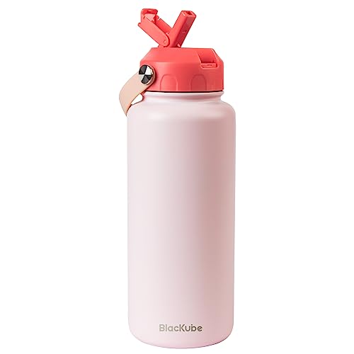 Blackube 32oz Insulated Water Bottle with Straw Lid, Stainless Steel Water Bottles Keeps Hot and Cold for School, Fitness, Outdoor and Camping-Pink