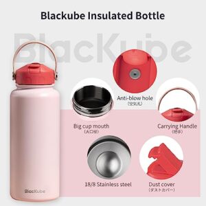 Blackube 32oz Insulated Water Bottle with Straw Lid, Stainless Steel Water Bottles Keeps Hot and Cold for School, Fitness, Outdoor and Camping-Pink