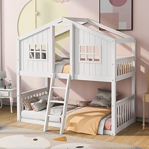 Merax Twin Over Twin House Bunk Bed with Ladder, Twin Wood Bed Frame with Roof Design, Bunk Bed for Teens, Boys and Girls, White