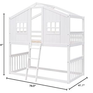 Merax Twin Over Twin House Bunk Bed with Ladder, Twin Wood Bed Frame with Roof Design, Bunk Bed for Teens, Boys and Girls, White