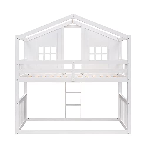 Merax Twin Over Twin House Bunk Bed with Ladder, Twin Wood Bed Frame with Roof Design, Bunk Bed for Teens, Boys and Girls, White