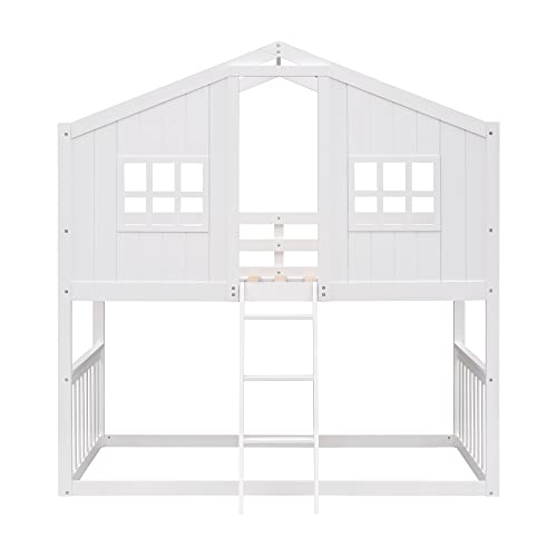 Merax Twin Over Twin House Bunk Bed with Ladder, Twin Wood Bed Frame with Roof Design, Bunk Bed for Teens, Boys and Girls, White