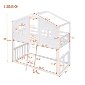 Merax Twin Over Twin House Bunk Bed with Ladder, Twin Wood Bed Frame with Roof Design, Bunk Bed for Teens, Boys and Girls, White