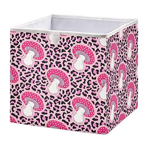 Mushrooms on Crazy Leopard Background Cube Storage Bin, Collapsible Storage Box Bins with Cubes, Foldable Fabric Baskets Bins for Shelf,Closet Cabinet,Home Organization, 11.02 x 11.02 x 11.02 inch