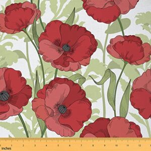 poppy flower fabric by the yard, red floral upholstery fabric, chic leaves decorative fabric, retro garden botanical indoor outdoor fabric, diy art waterproof fabric, green red, 10 yards