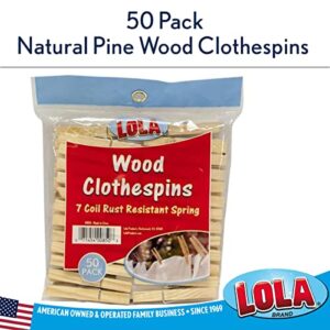 Lola Products Wooden Clothespins | Moisture Resistant Natural Pine Wood | Rust Resistant 7 Coil Spring Clips | Will Hold Up to 10lbs On Each Clothespin | Multipurpose - 50 Pack