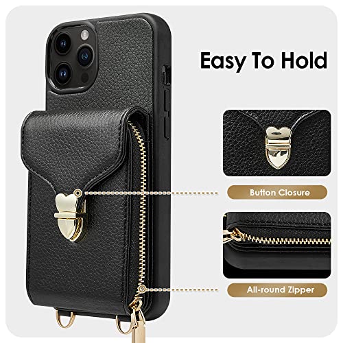 JLFCH ROMIELA Series iPhone 14 Pro Wallet Case, Crossbody Chain Strap Case Zipper Leather Purse RFID Blocking with Card Holder Lanyard Women Protective for Apple iPhone 14 Pro, 6.1 inch - Black