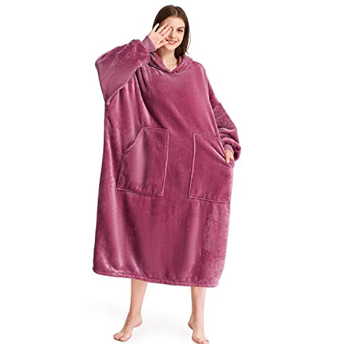 Kipswiza Oversize Wearable Blanket Flannel Super Soft Warm Long Hoodie Blankets Big Hooded Sweatshirt Hoodie Blanket for Adults Women Men Girls Teenagers Teens Dark Pink