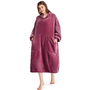 Kipswiza Oversize Wearable Blanket Flannel Super Soft Warm Long Hoodie Blankets Big Hooded Sweatshirt Hoodie Blanket for Adults Women Men Girls Teenagers Teens Dark Pink