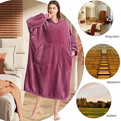 Kipswiza Oversize Wearable Blanket Flannel Super Soft Warm Long Hoodie Blankets Big Hooded Sweatshirt Hoodie Blanket for Adults Women Men Girls Teenagers Teens Dark Pink