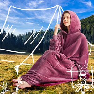 Kipswiza Oversize Wearable Blanket Flannel Super Soft Warm Long Hoodie Blankets Big Hooded Sweatshirt Hoodie Blanket for Adults Women Men Girls Teenagers Teens Dark Pink