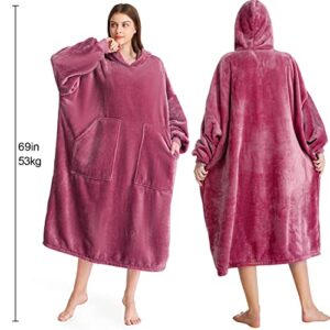 Kipswiza Oversize Wearable Blanket Flannel Super Soft Warm Long Hoodie Blankets Big Hooded Sweatshirt Hoodie Blanket for Adults Women Men Girls Teenagers Teens Dark Pink