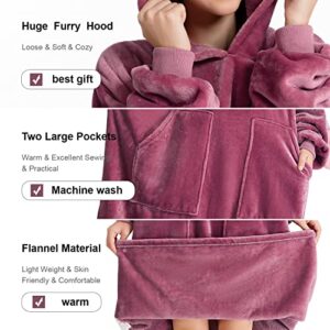 Kipswiza Oversize Wearable Blanket Flannel Super Soft Warm Long Hoodie Blankets Big Hooded Sweatshirt Hoodie Blanket for Adults Women Men Girls Teenagers Teens Dark Pink