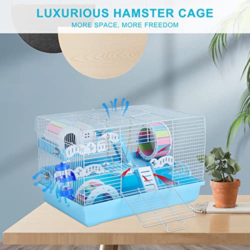 Vxxliaxs Large Hamster Cage and Habitat, Small Animals Cage with Various Accessories for Syrian Hamster, Dwarf Hamster, Gerbil (Blue)