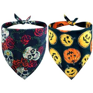 purrnbark halloween dog bandanas for small medium large breed dogs and cats dog bandana girl boy scarf 2pack halloween costumes accessories pumpkin skeleton ghost pattern black