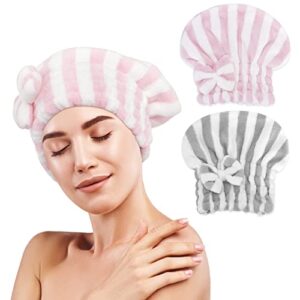 unaikoo 2 pack microfiber hair drying towels, super absorbent turban hair towel cap, quick dry head wrap with bow-knot shower cap for for curly, long, thick hair & wet hair (purple & grey)