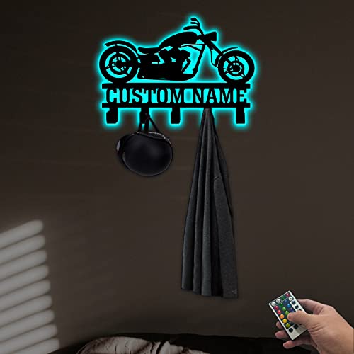 Personalized Metal Coat & Hat Rack with Led Lights, Custom Helmet Holder, Motorcycle Metal Sign, Motorcycle Gift for Men, Motorcycle Decor, Racer, Entryway Coat Hooks, Wall Mount Towel Hanger