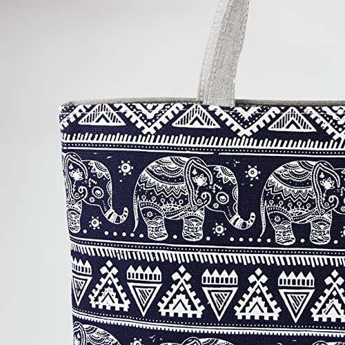 TOPASION Elephant Tote Bag with Zipper Inner Pocket, Reusable Grocery Shoulder Bag, Beach Bag Shopping Bag for Women (Blue Elephant)