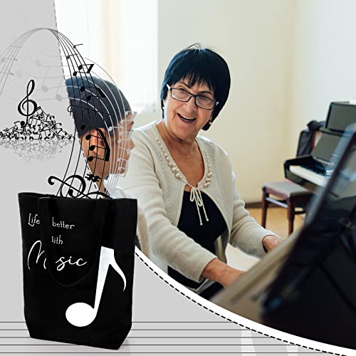 Coume 4 Pieces Music Bag Canvas Music Totes for Piano Books, Reusable Grocery Bags, Piano Teacher Gifts Music Lover Black, White