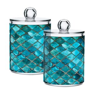 mchiver teal mermaid bathroom canisters organizer 2 pack clear plastic jars with lids 10 oz vanity organizer for cotton round pads ball swab floss