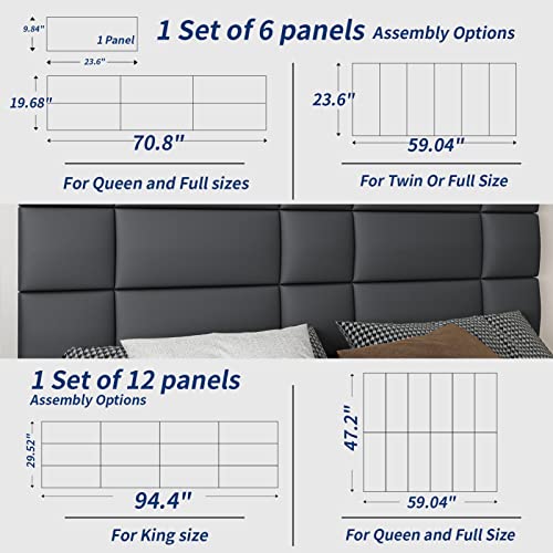 Art3d Adjustable Wall Mounted Upholstered Headboard for King, Twin, Full and Queen, Reusable and Removable Padded Wall Panels, Interchangeable Bed Panels in Black (12 Panels, 9.84" x 23.6")