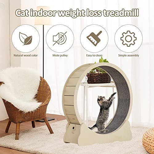 Homegroove Cat Exercise Wheel for Indoor Cats, Cat Running Wheel with Carpeted Runway, Cat Sport Treadmill Wheel for Kitty’s Longer Life, Fitness Weight Loss Device, 39.3" H Natural Wood Color(M)