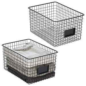 mdesign large metal farmhouse storage organizer bin baskets with label slot for closet, cabinet, cupboard - wire organizing basket holds clothing, linens, shoes, omaha collection, 2 pack, matte black