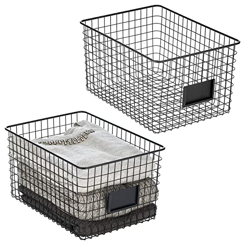 mDesign Large Metal Farmhouse Storage Organizer Bin Baskets with Label Slot for Closet, Cabinet, Cupboard - Wire Organizing Basket Holds Clothing, Linens, Shoes, Omaha Collection, 2 Pack, Matte Black