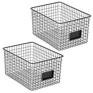 mDesign Large Metal Farmhouse Storage Organizer Bin Baskets with Label Slot for Closet, Cabinet, Cupboard - Wire Organizing Basket Holds Clothing, Linens, Shoes, Omaha Collection, 2 Pack, Matte Black