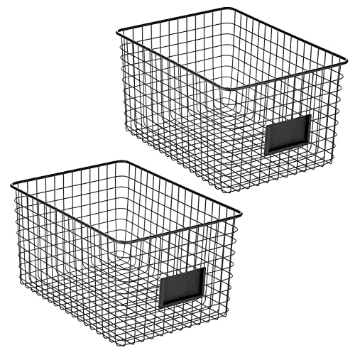 mDesign Large Metal Farmhouse Storage Organizer Bin Baskets with Label Slot for Closet, Cabinet, Cupboard - Wire Organizing Basket Holds Clothing, Linens, Shoes, Omaha Collection, 2 Pack, Matte Black