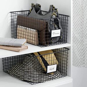 mDesign Large Metal Farmhouse Storage Organizer Bin Baskets with Label Slot for Closet, Cabinet, Cupboard - Wire Organizing Basket Holds Clothing, Linens, Shoes, Omaha Collection, 2 Pack, Matte Black