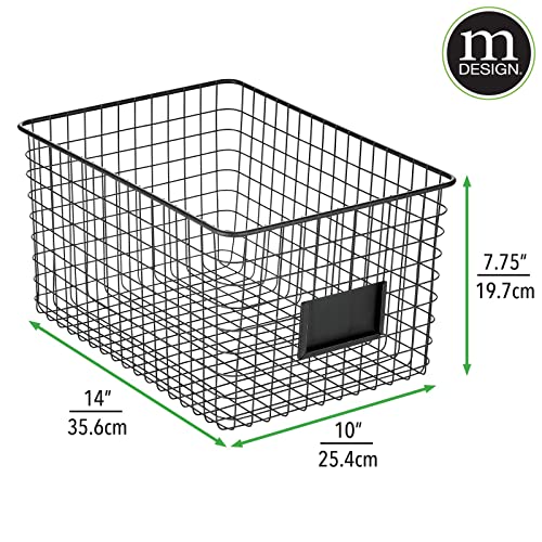 mDesign Large Metal Farmhouse Storage Organizer Bin Baskets with Label Slot for Closet, Cabinet, Cupboard - Wire Organizing Basket Holds Clothing, Linens, Shoes, Omaha Collection, 2 Pack, Matte Black