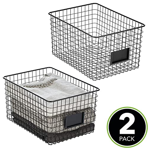 mDesign Large Metal Farmhouse Storage Organizer Bin Baskets with Label Slot for Closet, Cabinet, Cupboard - Wire Organizing Basket Holds Clothing, Linens, Shoes, Omaha Collection, 2 Pack, Matte Black