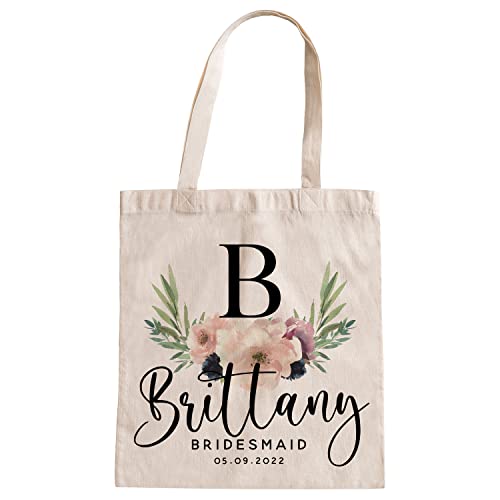 Single, Floral Totes for Bridesmaid Personalized, Initial Tote Bag w/Name - 8 Flowers, Monogrammed Bridal Shower Bags, Bridesmaid Gifts