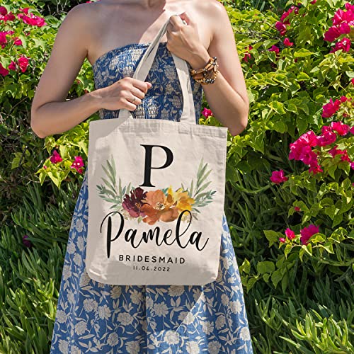 Single, Floral Totes for Bridesmaid Personalized, Initial Tote Bag w/Name - 8 Flowers, Monogrammed Bridal Shower Bags, Bridesmaid Gifts