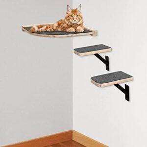 Purife Cat Hammock for Indoor Cat Wall Perch Set with 2 Steps, Wall Mounted Corner Cat Shelves, Cat Wall Bed with Climbing Steps, Wall Cat Climbing Shelf, Cat Scratching Post