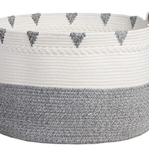 Decospark XXXL Cotton Rope Basket For Toy And Blanket Storage| 21.7" x 13.8" | Soft Long Handles | Decorative Home Organizer Ideal For Living Room, Baby Clothes And Laundry (Grey and White)