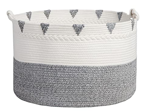 Decospark XXXL Cotton Rope Basket For Toy And Blanket Storage| 21.7" x 13.8" | Soft Long Handles | Decorative Home Organizer Ideal For Living Room, Baby Clothes And Laundry (Grey and White)