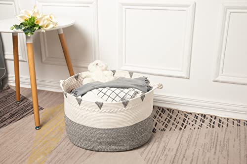 Decospark XXXL Cotton Rope Basket For Toy And Blanket Storage| 21.7" x 13.8" | Soft Long Handles | Decorative Home Organizer Ideal For Living Room, Baby Clothes And Laundry (Grey and White)