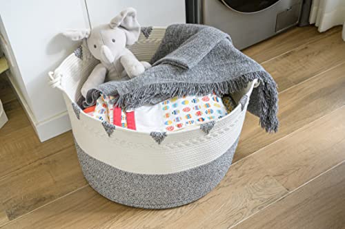 Decospark XXXL Cotton Rope Basket For Toy And Blanket Storage| 21.7" x 13.8" | Soft Long Handles | Decorative Home Organizer Ideal For Living Room, Baby Clothes And Laundry (Grey and White)