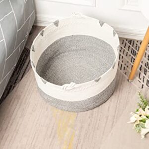 Decospark XXXL Cotton Rope Basket For Toy And Blanket Storage| 21.7" x 13.8" | Soft Long Handles | Decorative Home Organizer Ideal For Living Room, Baby Clothes And Laundry (Grey and White)