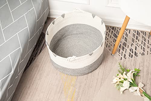 Decospark XXXL Cotton Rope Basket For Toy And Blanket Storage| 21.7" x 13.8" | Soft Long Handles | Decorative Home Organizer Ideal For Living Room, Baby Clothes And Laundry (Grey and White)